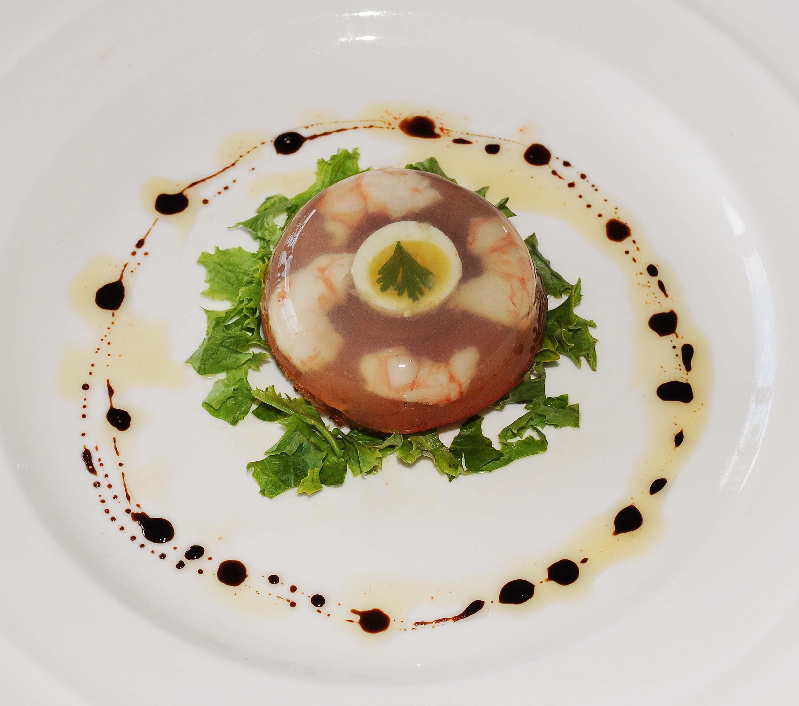 Quail egg and prawn set in aspic molds – Fine Dining for You