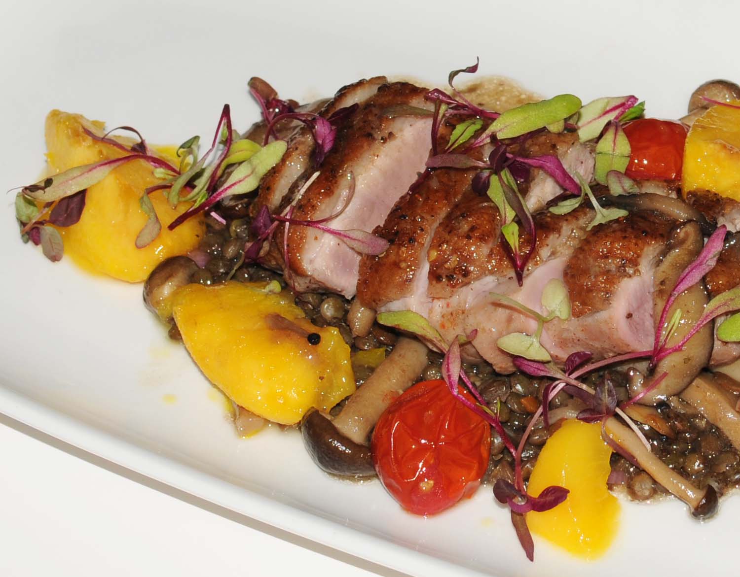 Crispy skin duck breast with Puy lentils and glazed peaches – Fine ...
